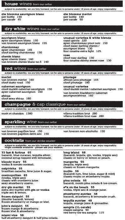 Menu at 33 High Street Food restaurant, Johannesburg, 33 High Street
