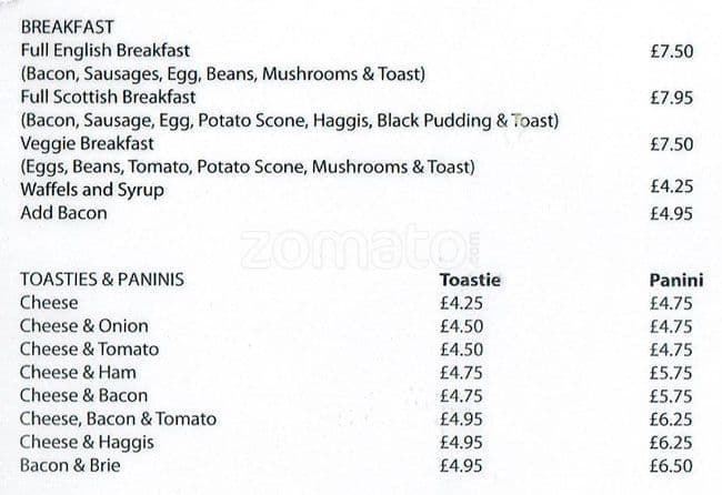 Menu at Castle Cafe, Edinburgh