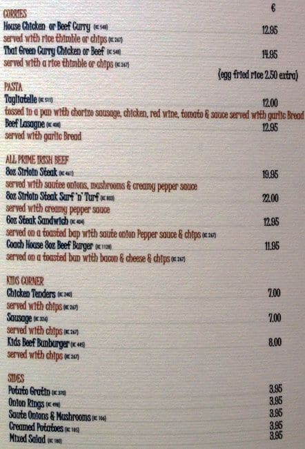 Menu at The Coach House Pub, Dublin, 16 Ballinteer Ave