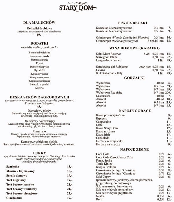Stary Dom menu, Menu restauracji Stary Dom, Mokotów, Warszawa ...
