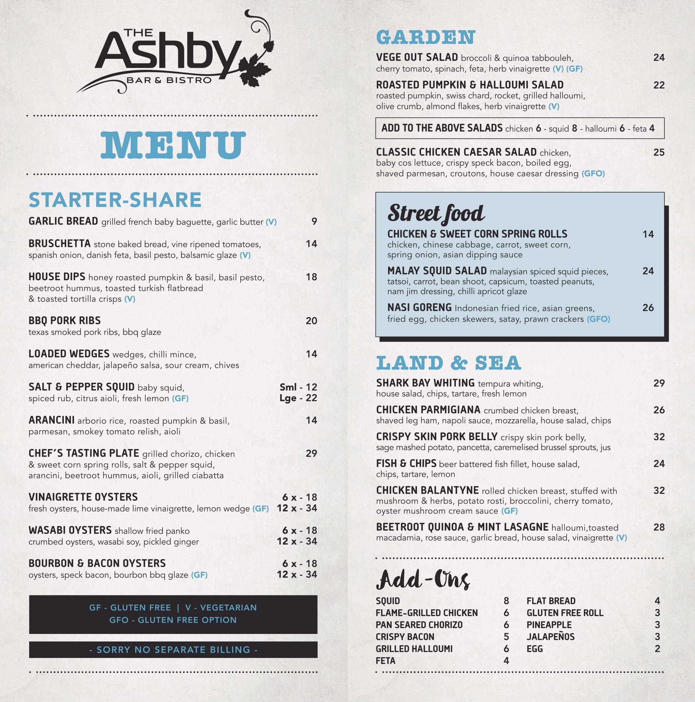 The Ashby menu, Menu restauracji The Ashby, Wanneroo, Perth ...