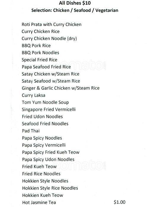 Menu at Papa Wok restaurant, West Perth, 1/77 Colin St