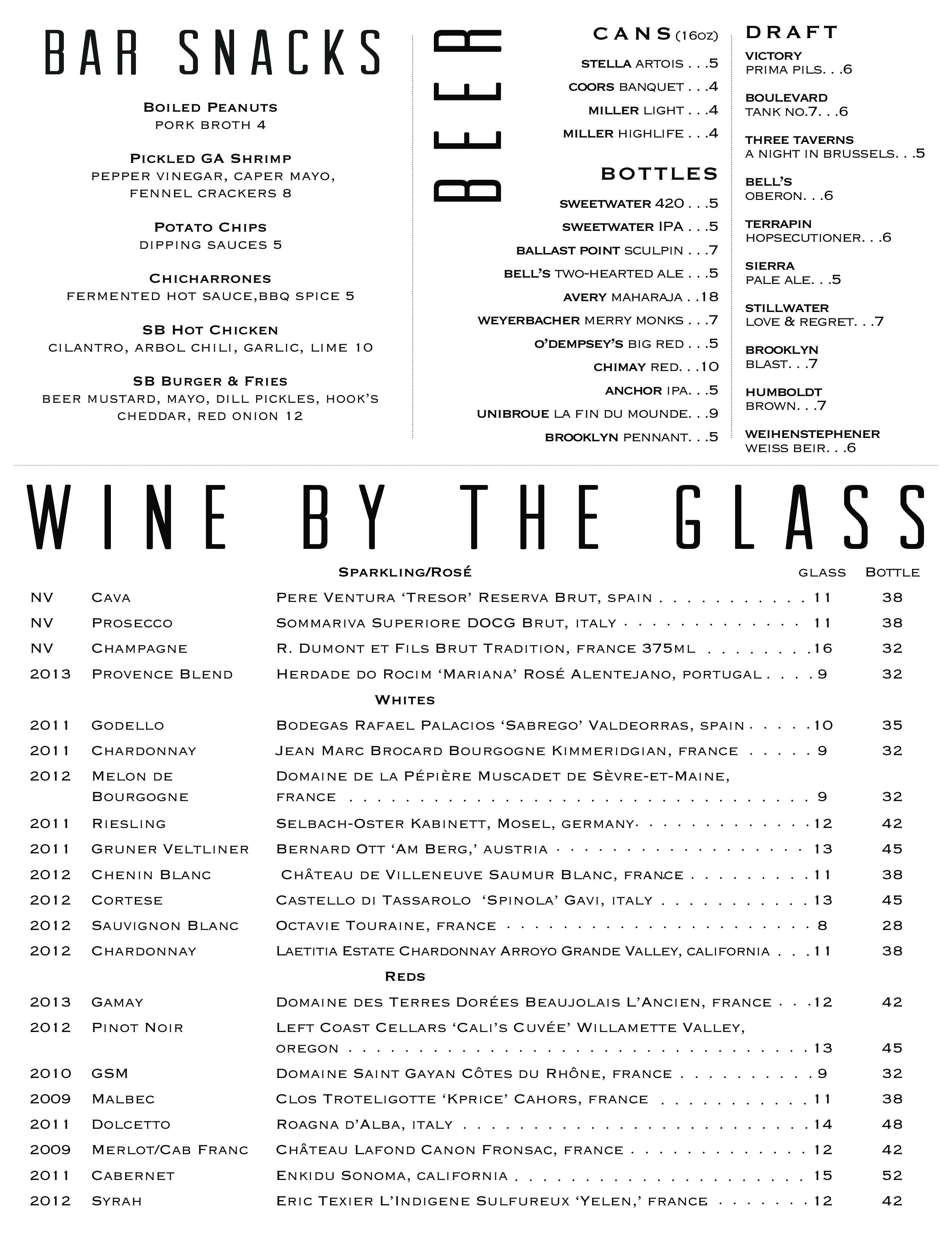 Menu at Southbound restaurant, Chamblee