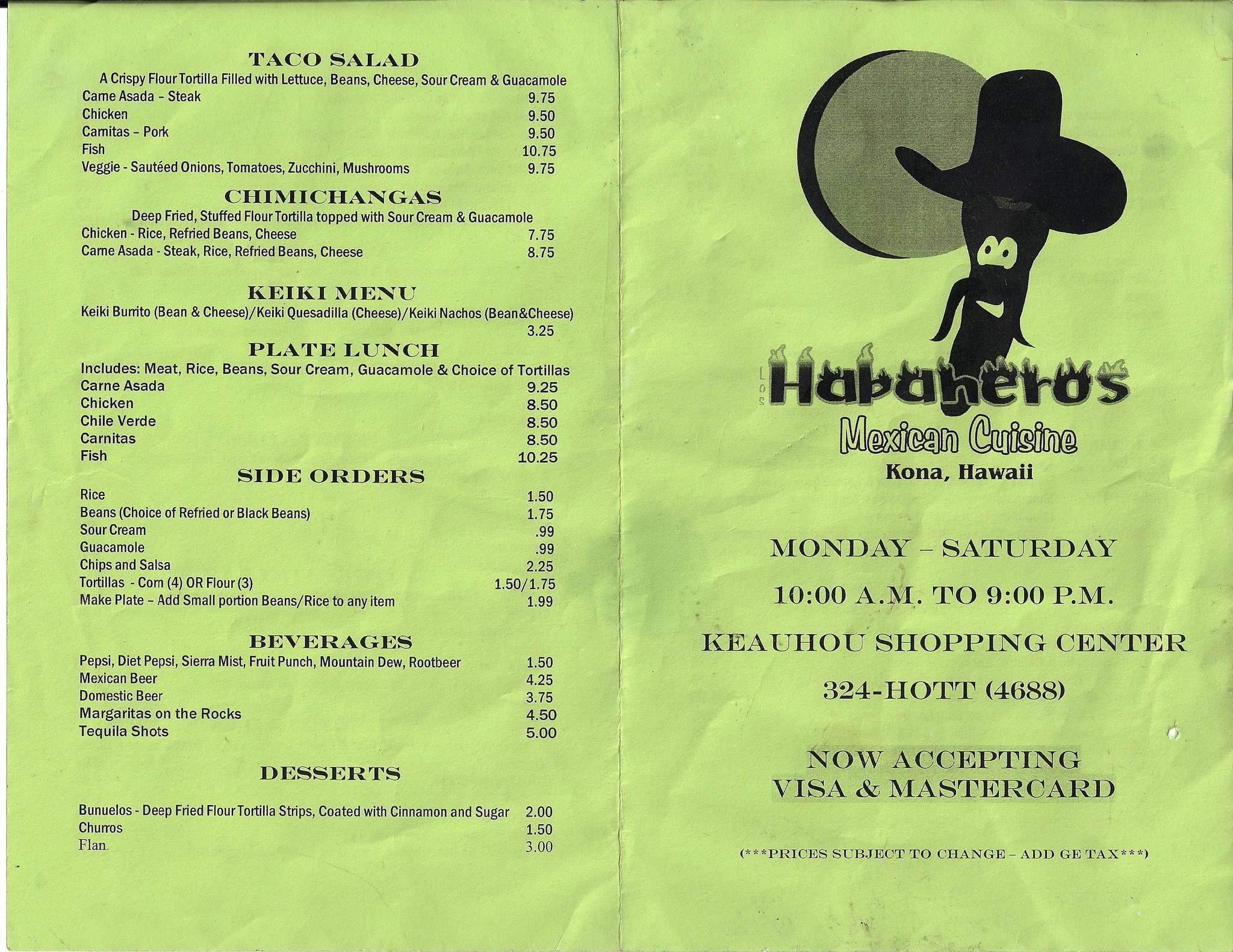 Menu at Los Habaneros restaurant, Kailua-Kona
