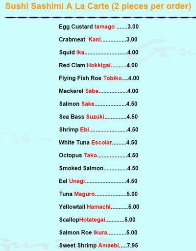 Menu at Ginza restaurant, Frankfort