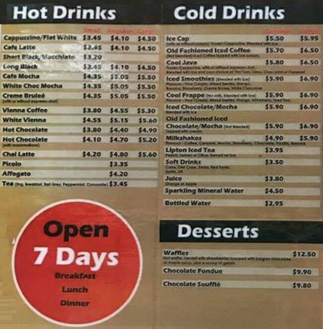 Menu at Java Lava cafe, Ingleburn