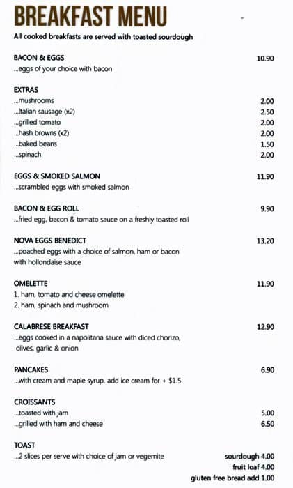 Menu at Café Nova pizzeria, Gawler, 19 Murray St