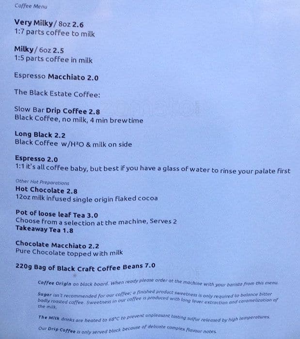 Menu at Black Box cafe, London