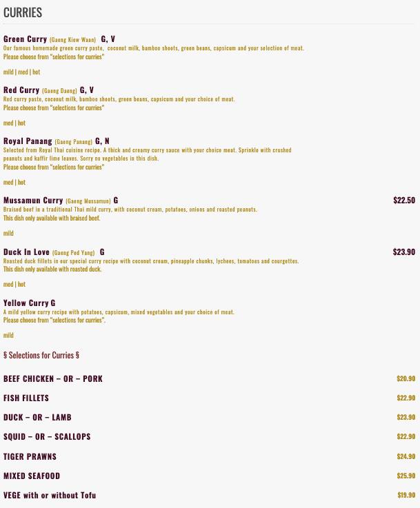 Menu at Thai Chef's Restaurant, Auckland, 400 Titirangi Rd
