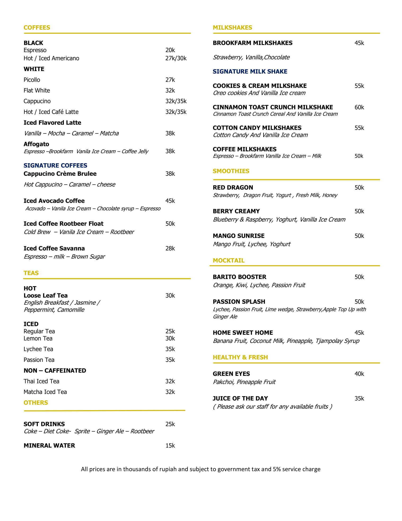Menu at Savannah Bistro restaurant, Jakarta