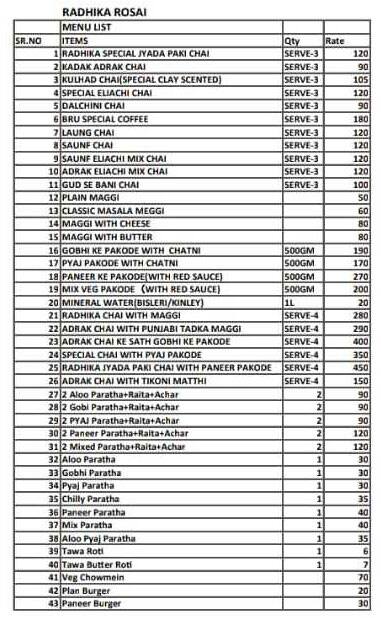 Menu of Radhika Rasoi, Sector 7, Gurgaon