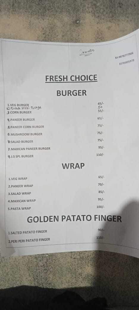 Menu of Fresh Choice Street Food Corner, Phagwara Locality, Phagwara
