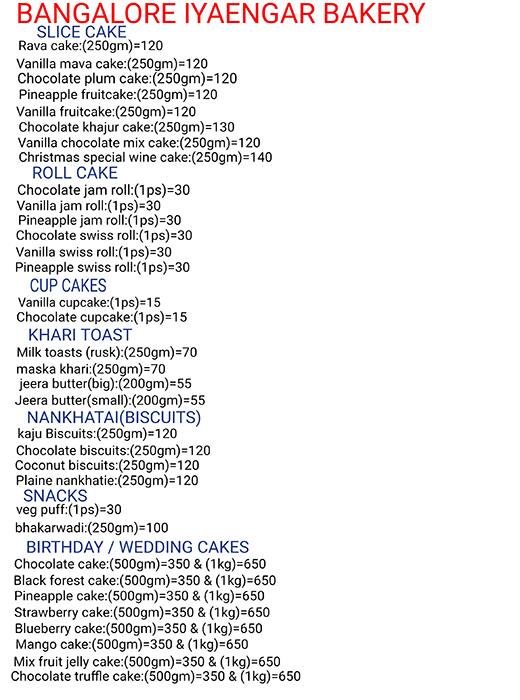Menu of Bangalore Iyengar's Bakery, Naupada, Thane West, Thane