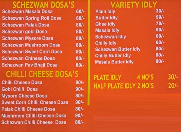 Menu of Sri Devi DOSA'S, Nagole, Hyderabad