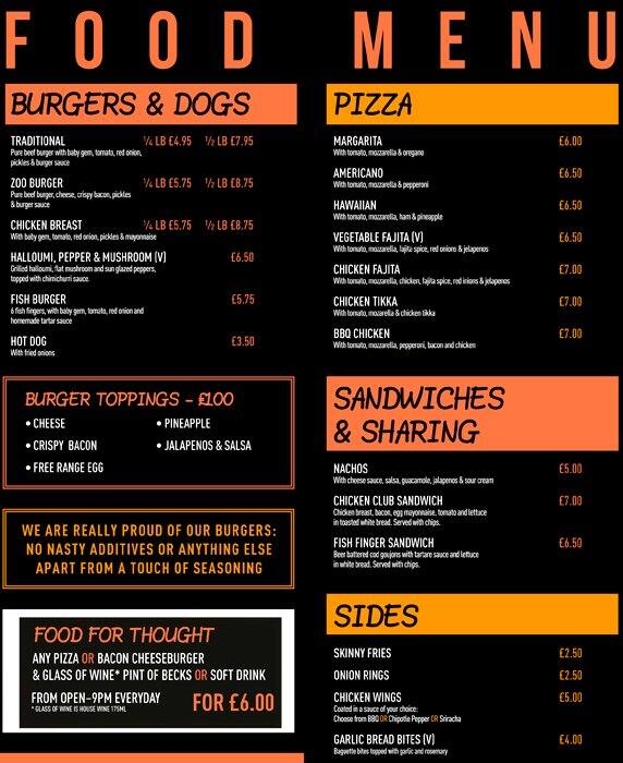 Menu at Zoo Bar & Club, London, 13-17 Bear St