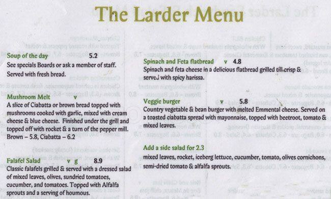 Carta del café The Larder, Londres, 39 High St