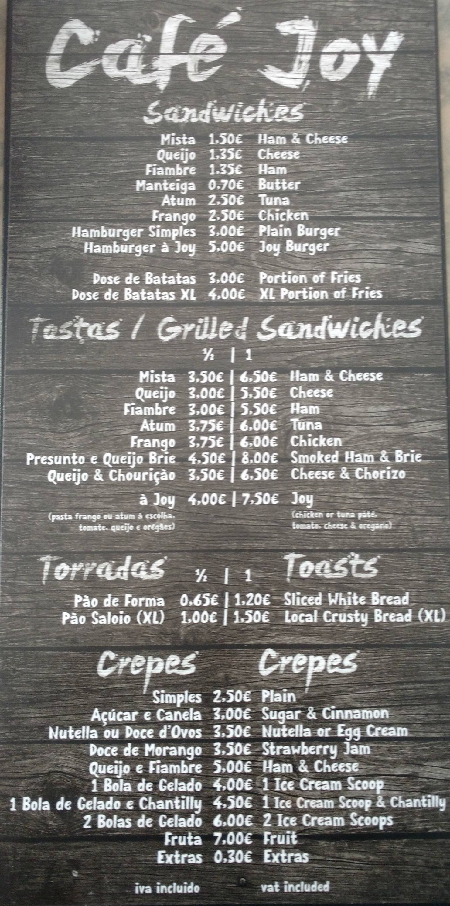 Menu at Esplanada do Café Joy, Ericeira