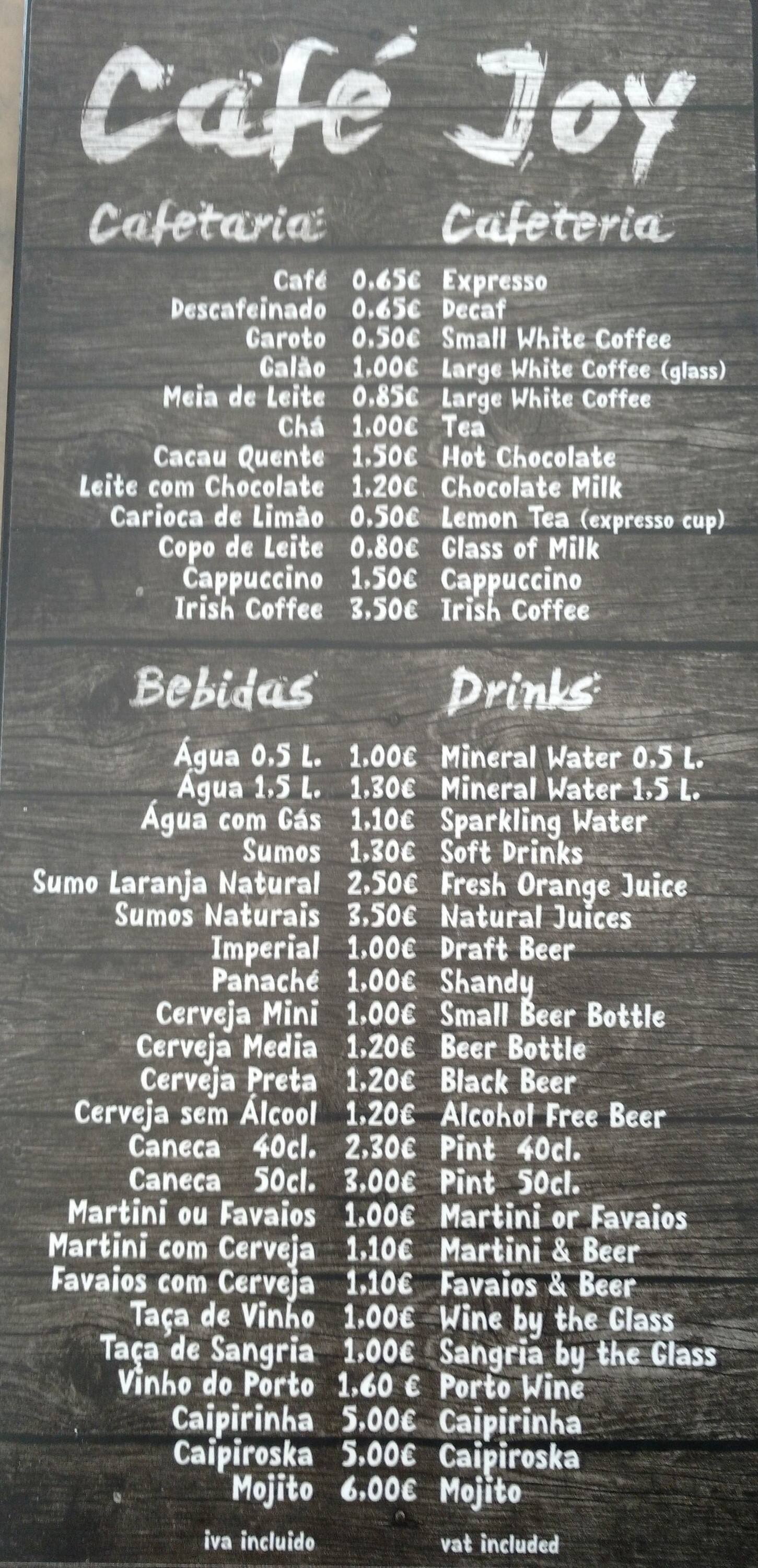 Menu at Esplanada do Café Joy, Ericeira