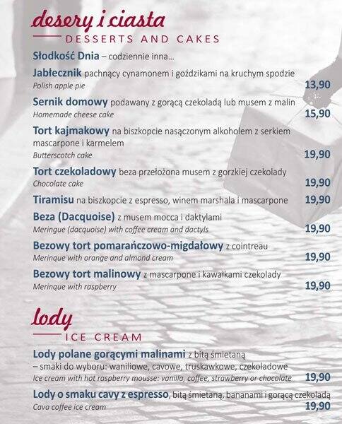 Menu at Grycan - Zlote Tarasy cafe, Warsaw