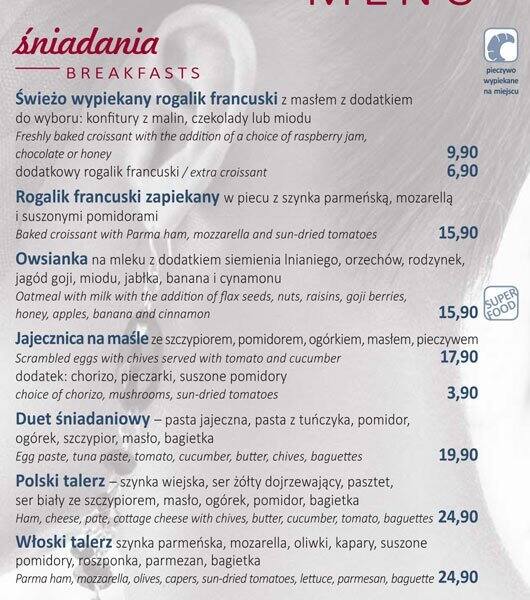 Menu at Grycan - Zlote Tarasy cafe, Warsaw