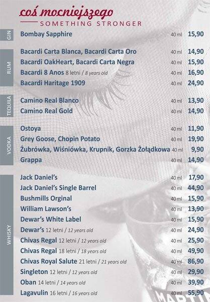 Menu at Grycan - Zlote Tarasy cafe, Warsaw