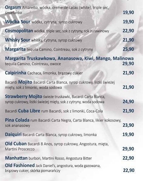 Menu at Grycan - Zlote Tarasy cafe, Warsaw