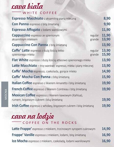 Menu at Grycan - Zlote Tarasy cafe, Warsaw