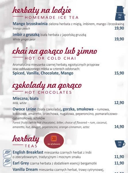 Menu at Grycan - Zlote Tarasy cafe, Warsaw