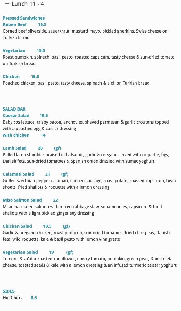 Menu at North Point Cafe, Brighton