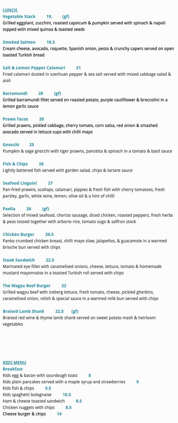 Menu at North Point Cafe, Brighton