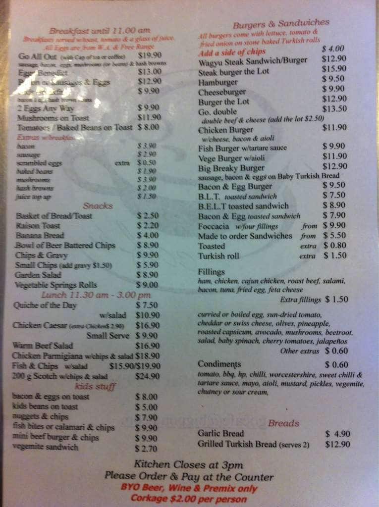 Menu at Go. cafe, Goomalling