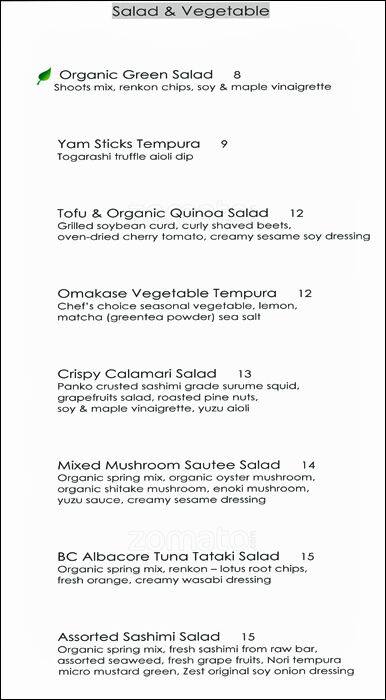 Menu at Yuwa restaurant, Vancouver