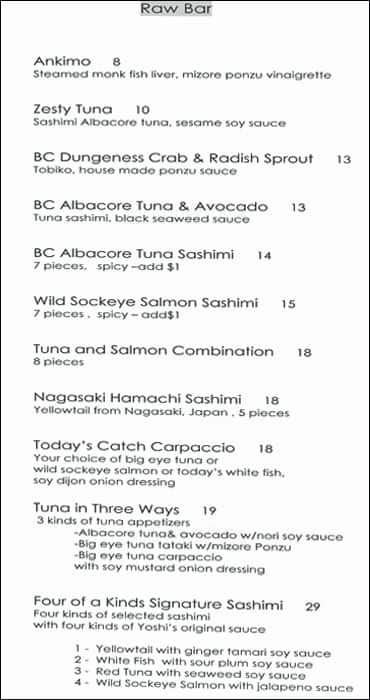 Menu at Yuwa restaurant, Vancouver
