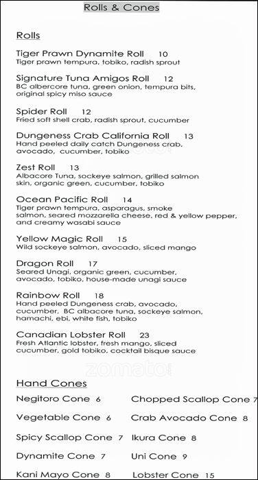 Menu at Yuwa restaurant, Vancouver
