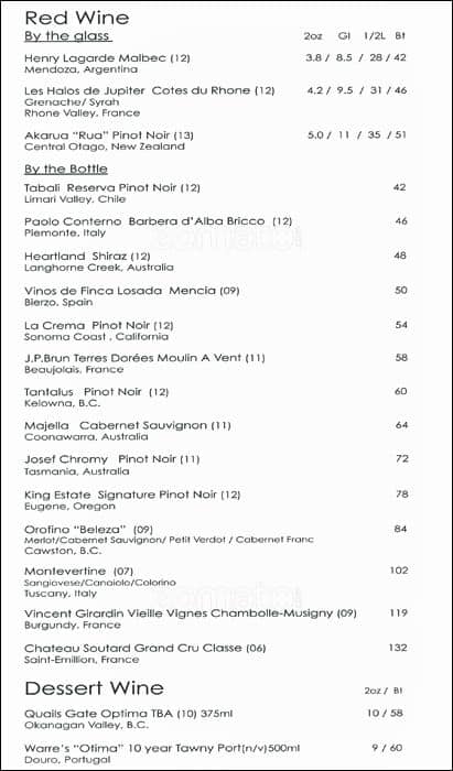 Menu at Yuwa restaurant, Vancouver