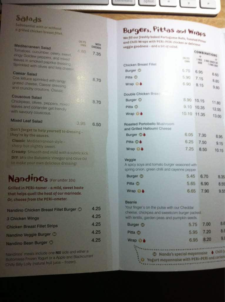 Menu at Nando's fast food, Bradford, Unit 5