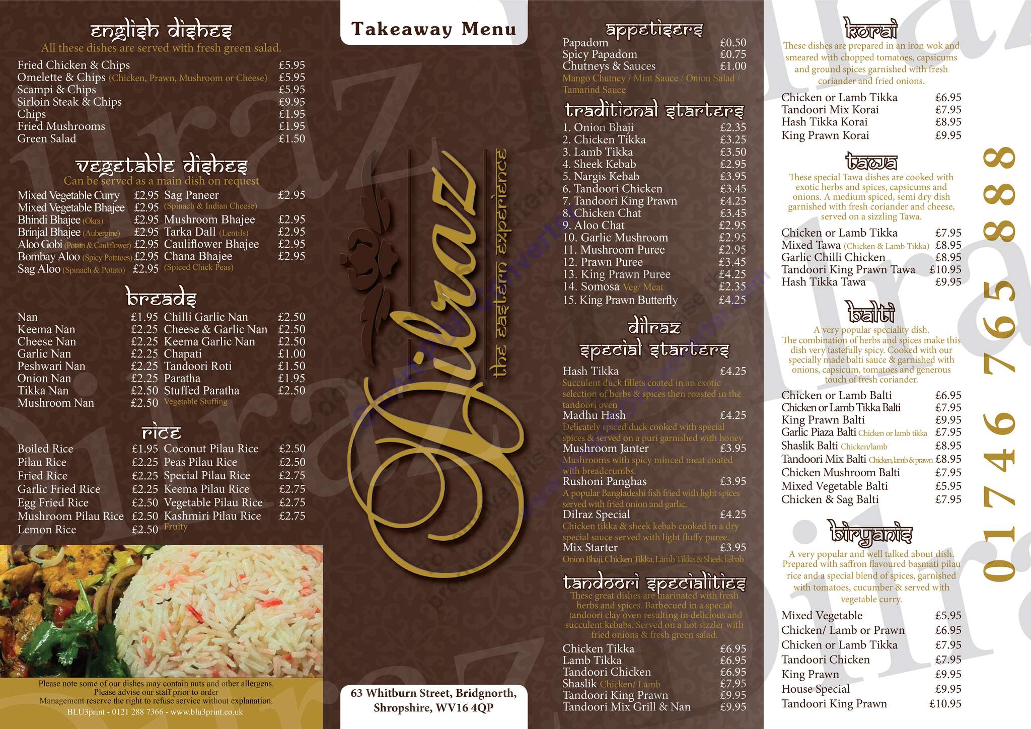 Menu at Dilraz restaurant, Bridgnorth