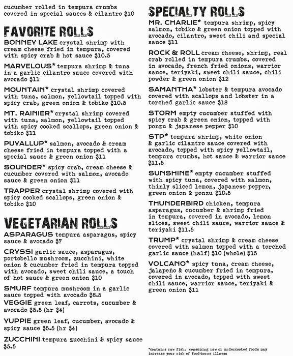 Menu at Trappers Sushi restaurant, Bonney Lake