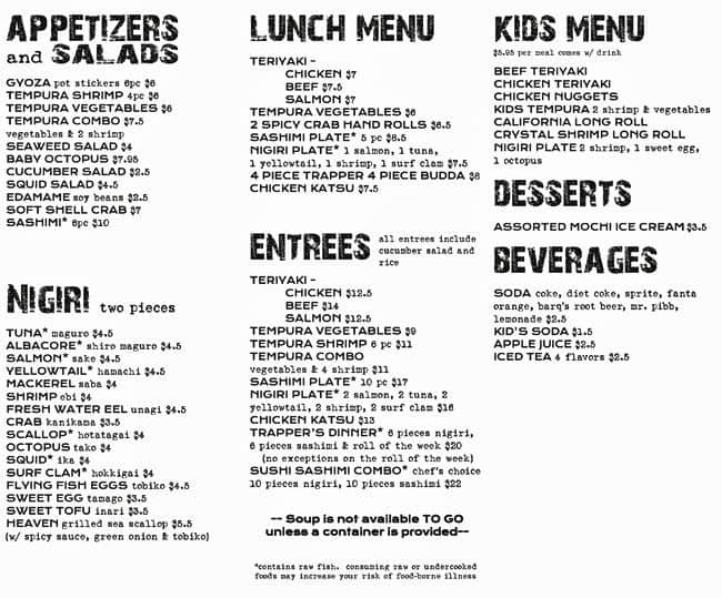 Menu at Trappers Sushi restaurant, Bonney Lake