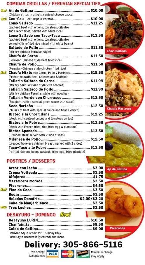 Carta del restaurante El Tumi De Oro, Miami Beach