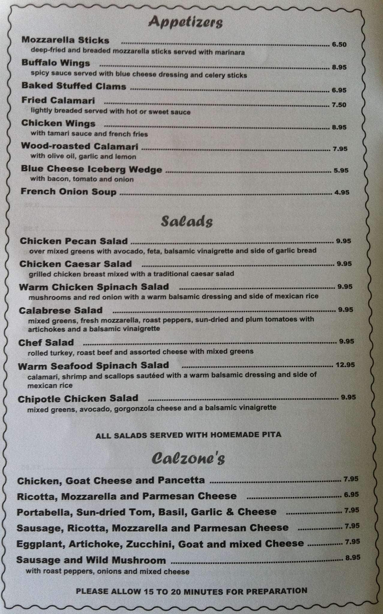 Menu at Brio's pizzeria, Phoenicia