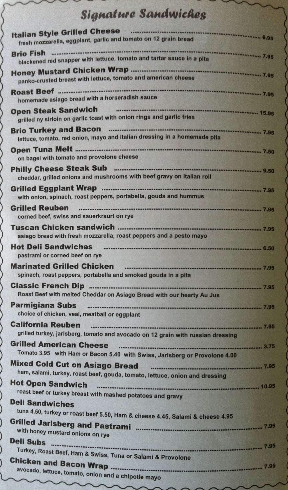 Menu at Brio's pizzeria, Phoenicia