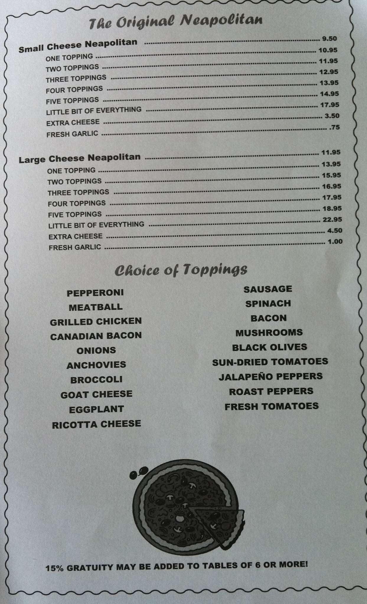 Menu at Brio's pizzeria, Phoenicia