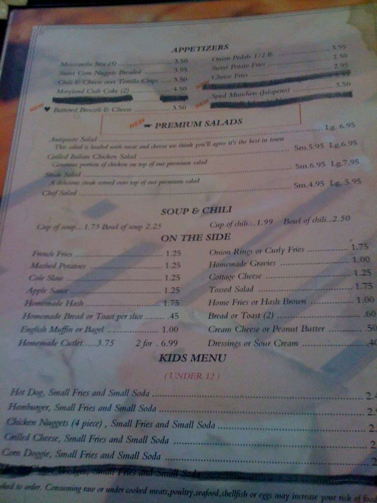 Menu at Reese's restaurant, Sayre
