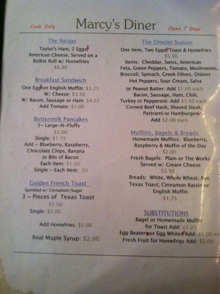 Menu at Marcy's Diner cafe, Portland
