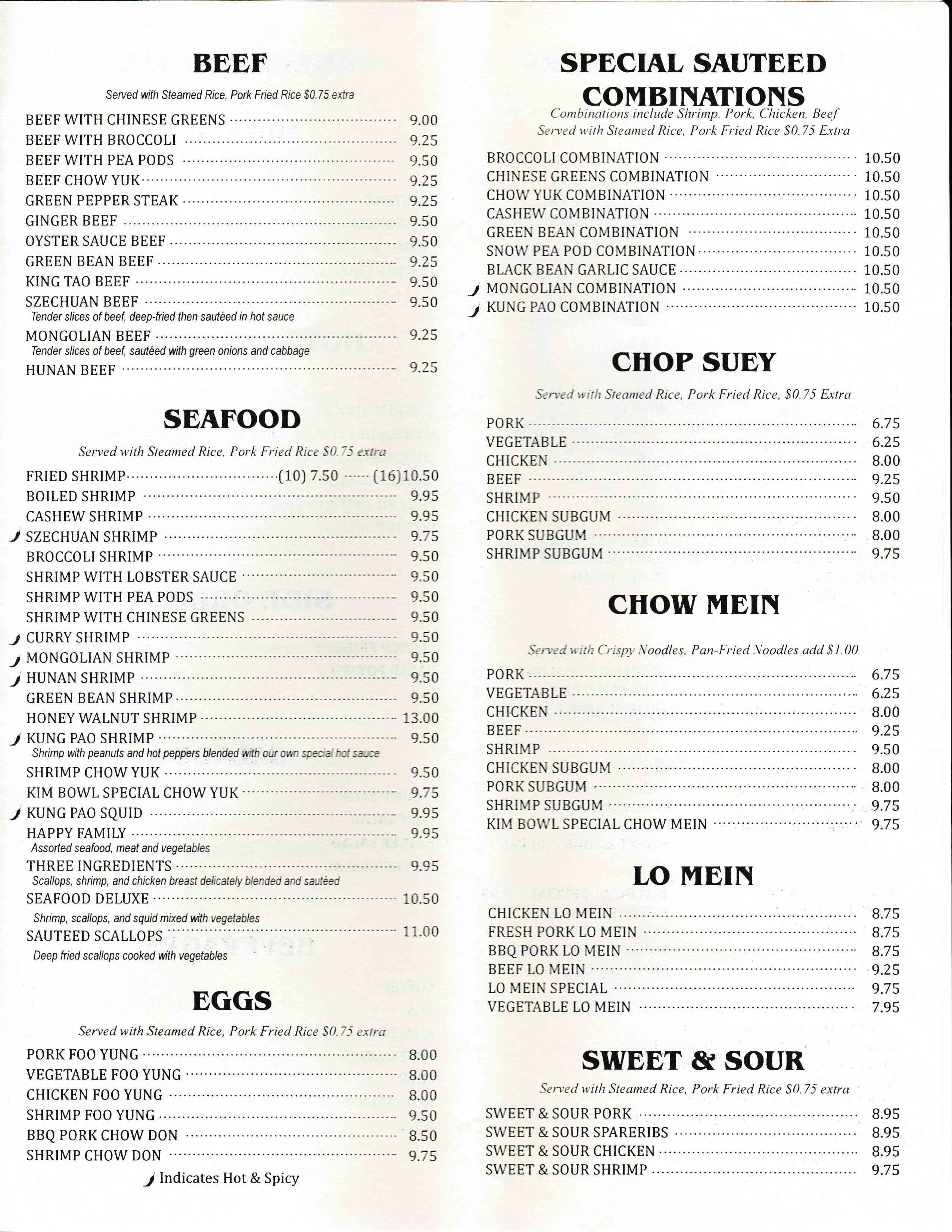 Menu at Kim Bowl Restaurant & Lounge, Longview