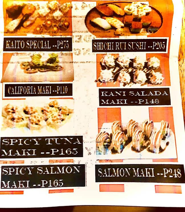 Menu at Kaito Japanese Carinderia restaurant, Makati