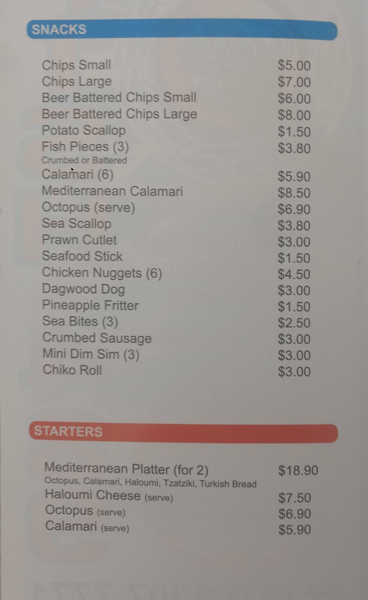 Menu at Fish 489 fast food, Victoria Point