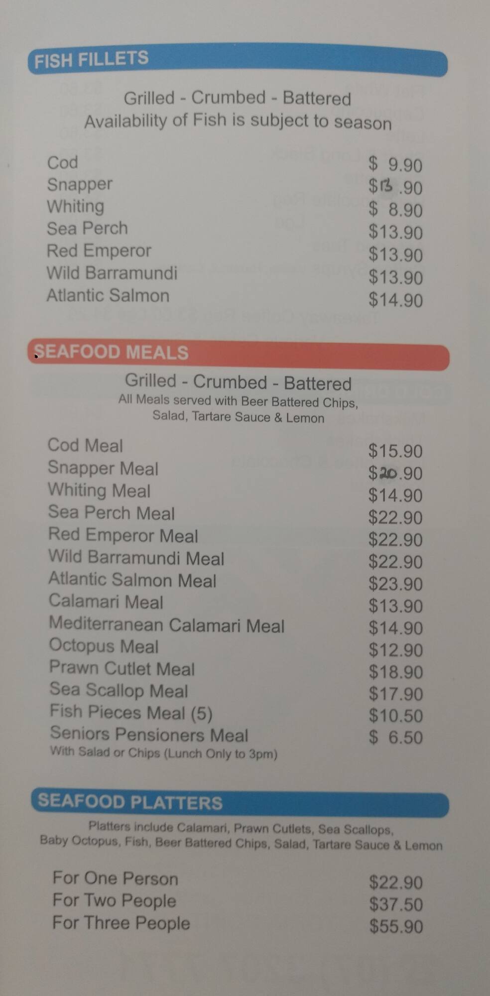 Menu at Fish 489 fast food, Victoria Point