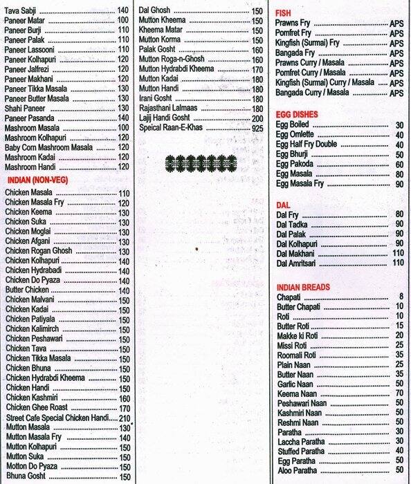 Menu at The Street Cafe, Mumbai